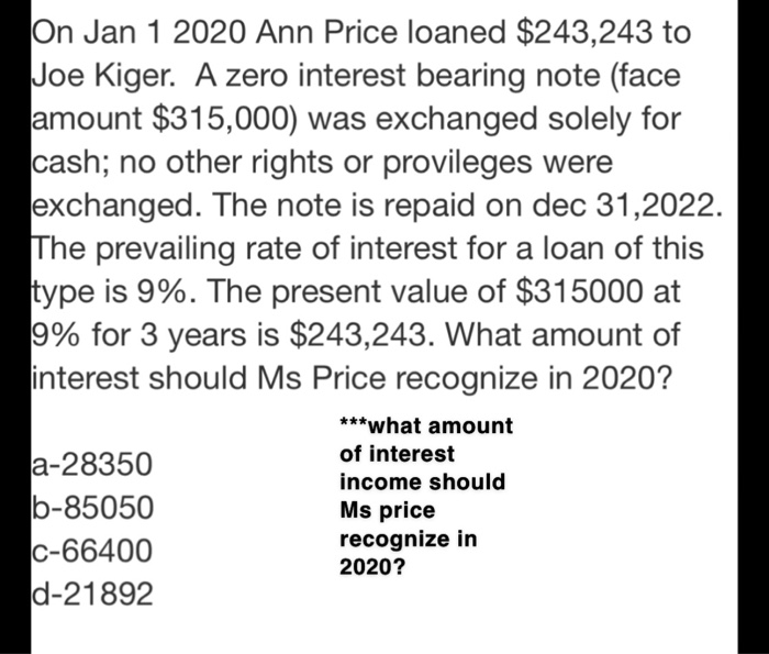 Solved On Jan 1 2020 Ann Price loaned $243,243 to Joe Kiger. | Chegg.com