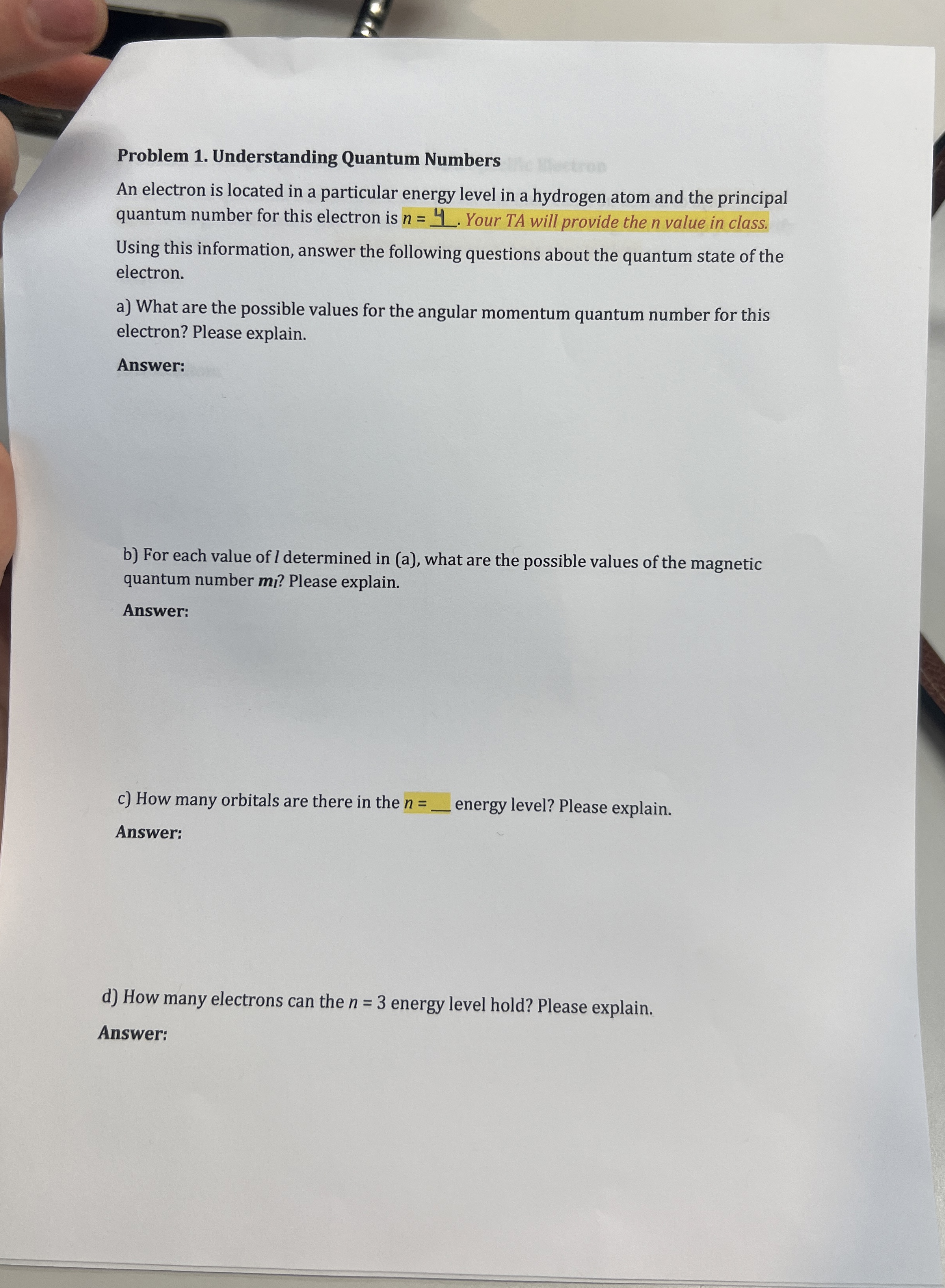 Solved Problem 1. ﻿Understanding Quantum NumbersAn electron | Chegg.com