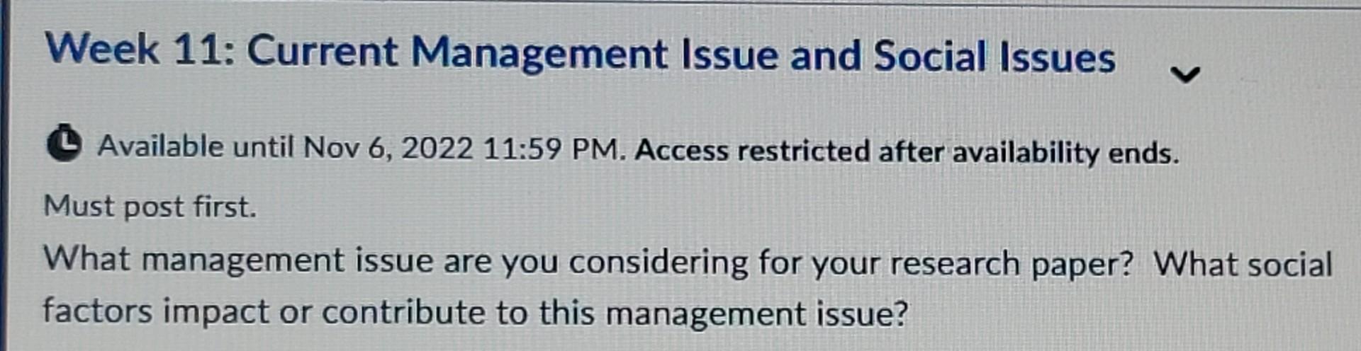 Solved Week 11: Current Management Issue and Social Issues | Chegg.com