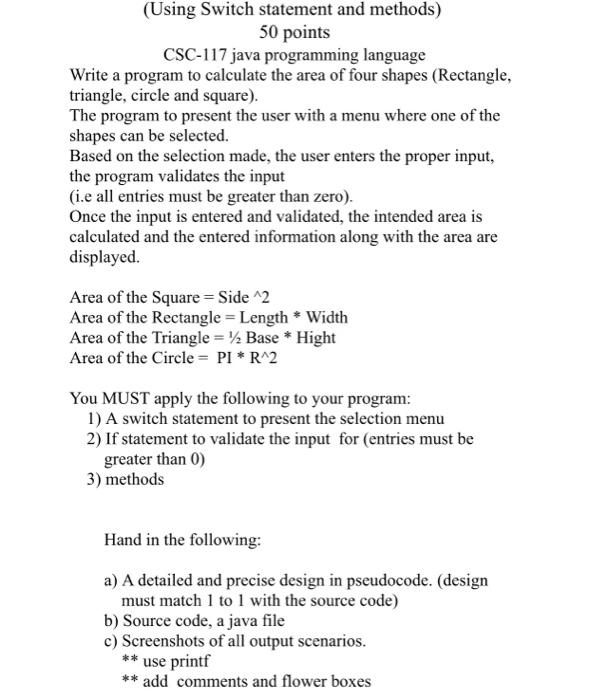Solved (Using Switch statement and methods) 50 points | Chegg.com