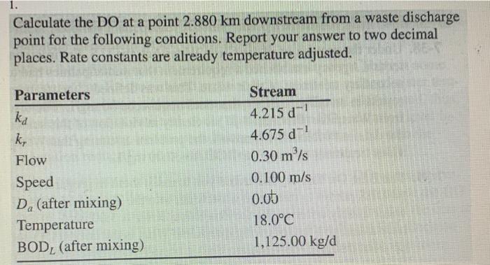Solved 1. Calculate the DO at a point 2.880 km downstream | Chegg.com