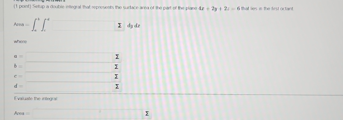 Solved ( 1 ﻿point) ﻿Setup a double integral that represents | Chegg.com