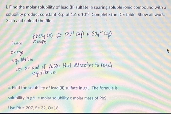 Solved i. Find the molar solubility of lead (II) sulfate, a | Chegg.com
