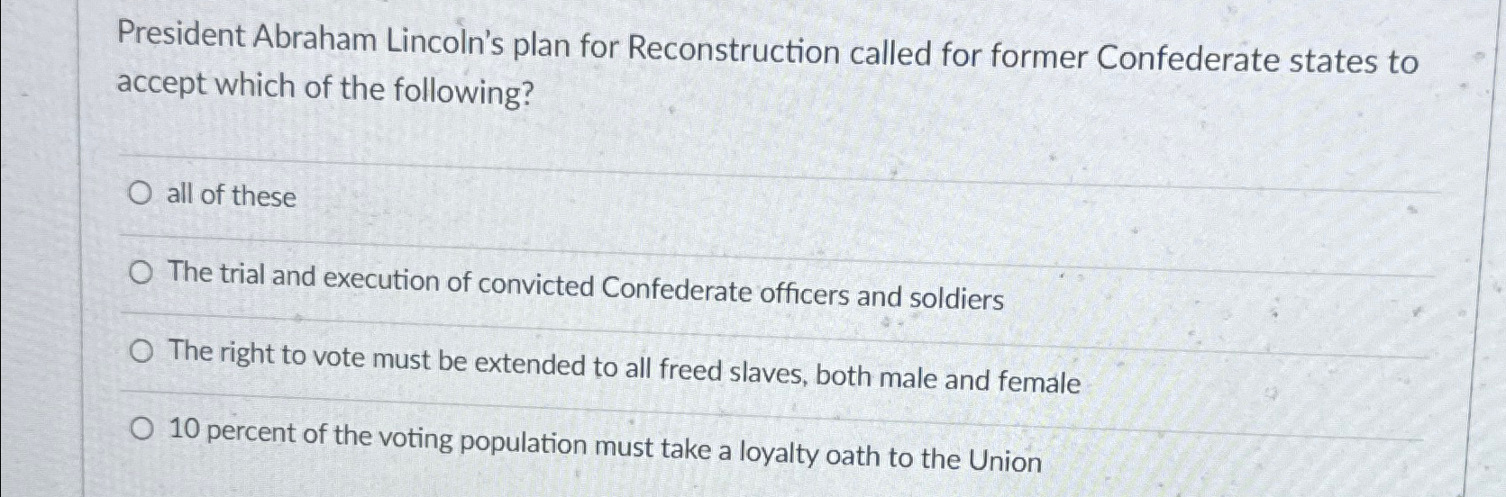 Solved President Abraham Lincoln's plan for Reconstruction | Chegg.com