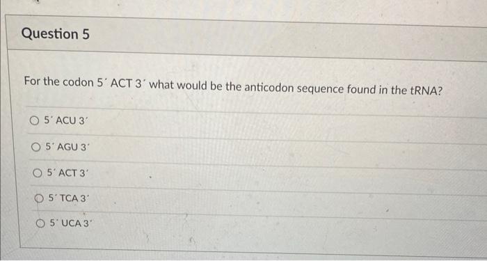 Solved Question 5 For the codon 5' ACT 3' what would be the | Chegg.com
