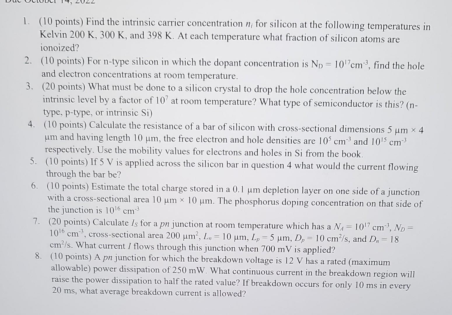 Solved 1. (10 points) Find the intrinsic carrier | Chegg.com