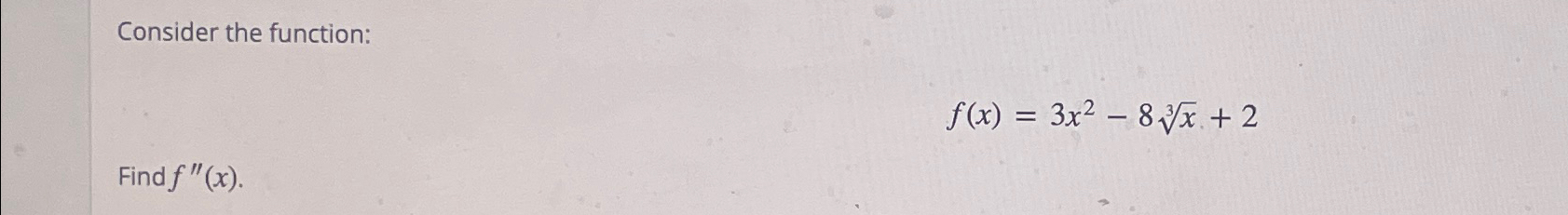 Solved Consider the function:f(x)=3x2-8x3+2Find f''(x) | Chegg.com