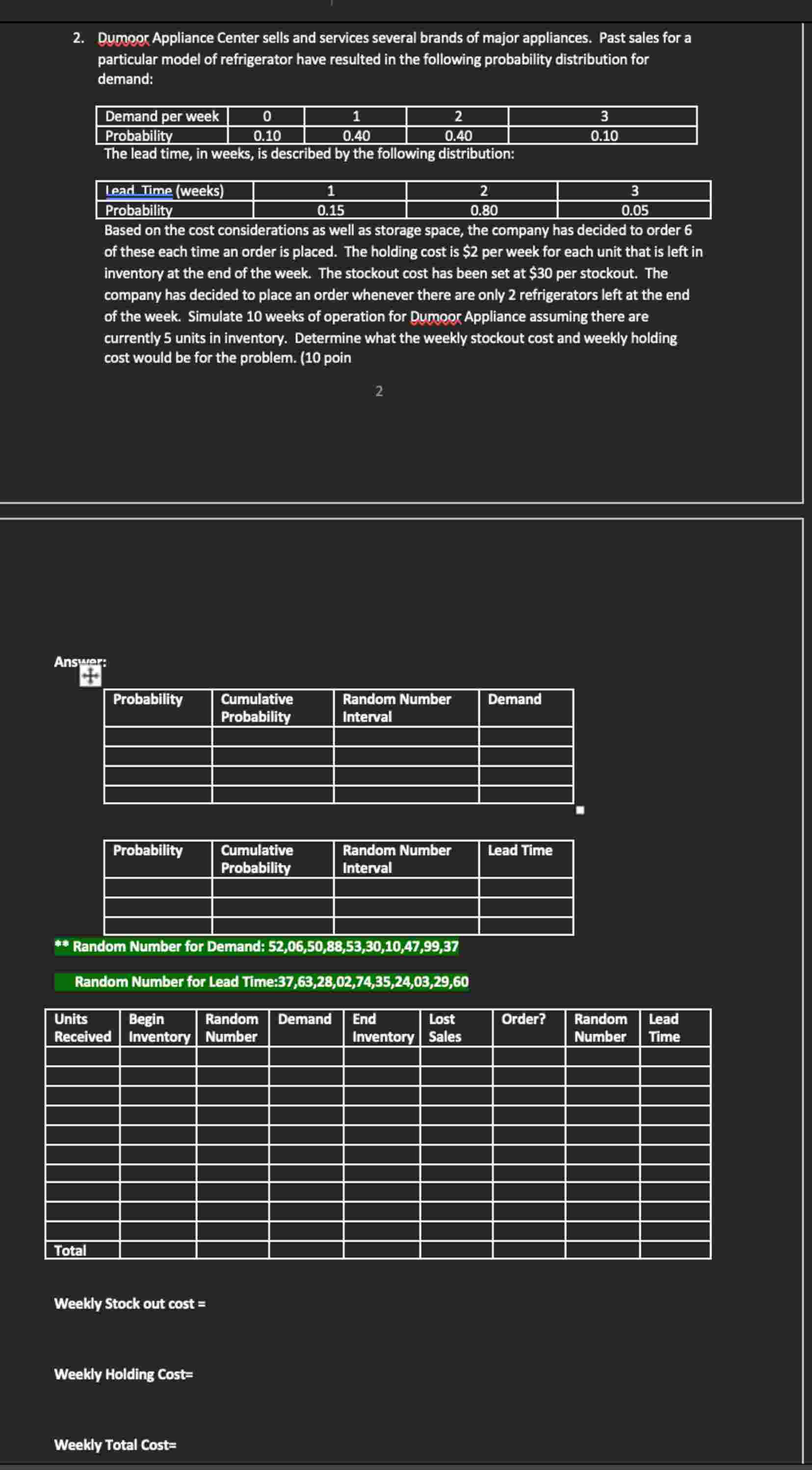 Solved 2. ﻿Dumoor Appliance Center sells and services | Chegg.com