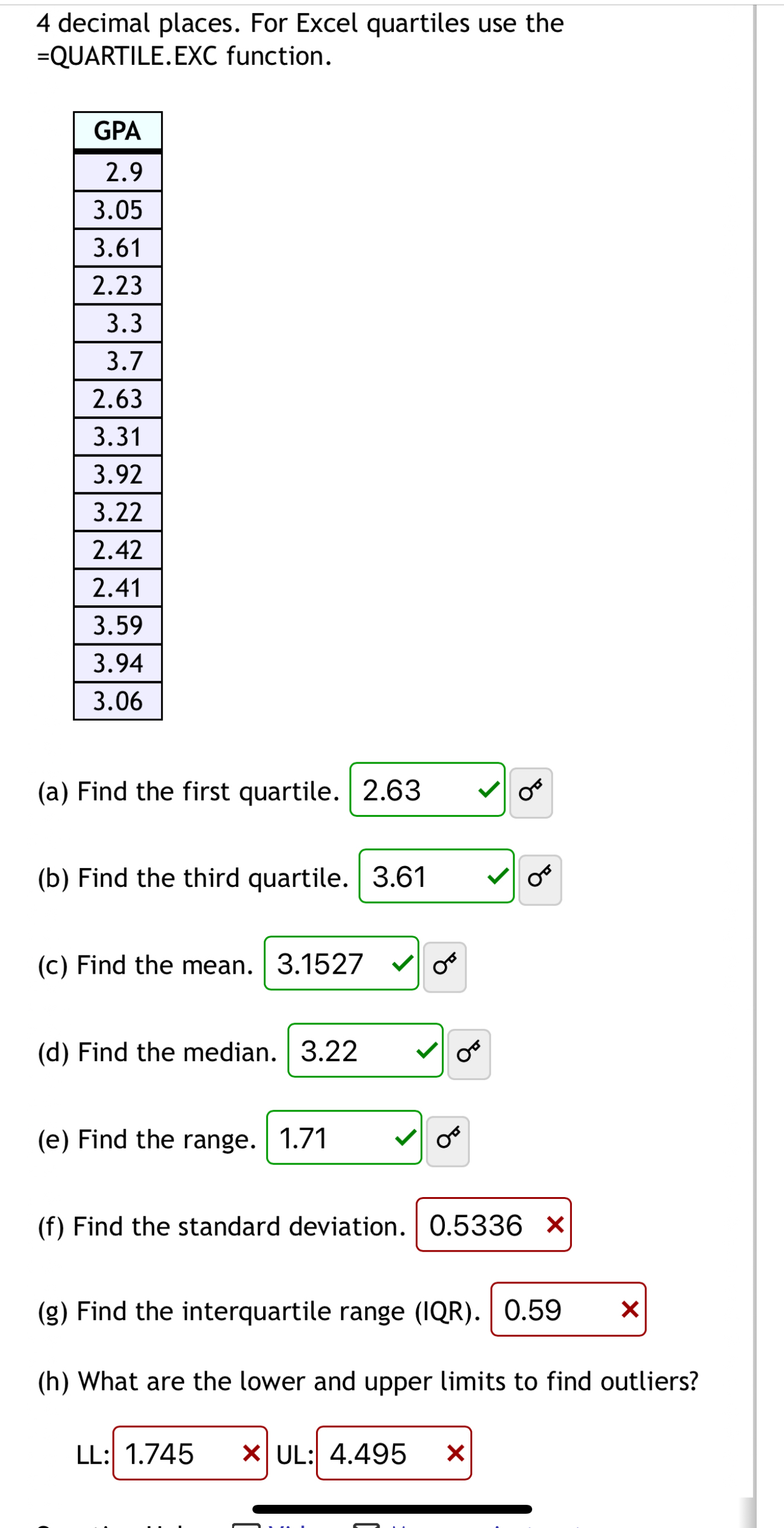 Solved 4 ﻿decimal places. For Excel quartiles use | Chegg.com