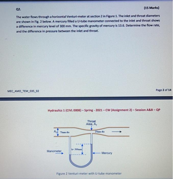 Solved (15 Marks) Q2. The water flows through a horizontal | Chegg.com