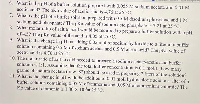 Solved 6. What is the pH of a buffer solution prepared with | Chegg.com