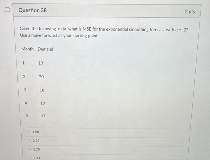 Solved Given the following data, what is MSE for the | Chegg.com