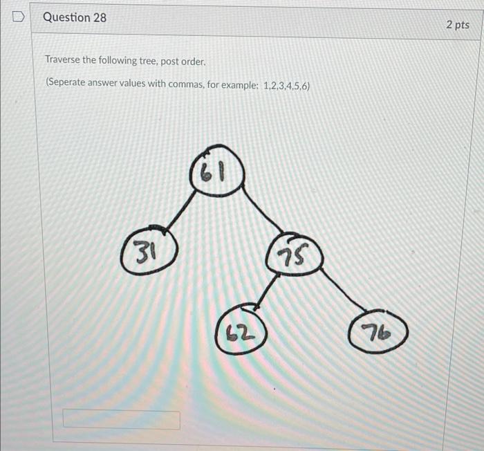 Solved Question 28 2 pts Traverse the following tree, post | Chegg.com