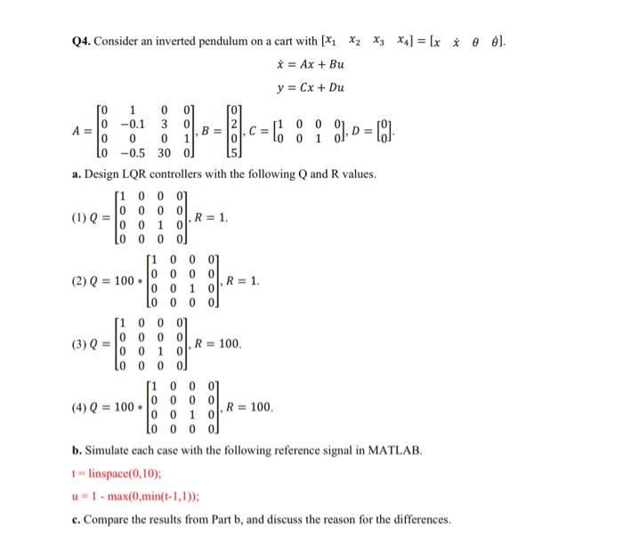 Solved Q4. Consider an inverted pendulum on a cart with | Chegg.com