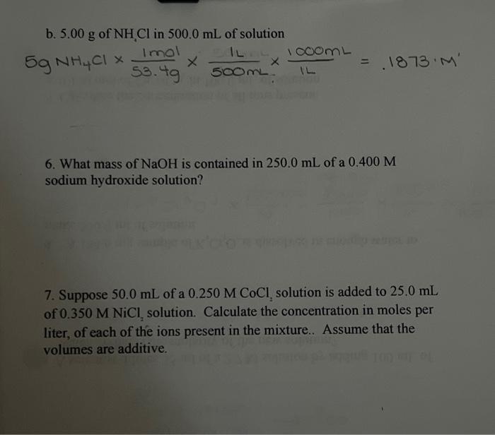 Solved b. 5.00 g of NH4Cl in 500.0 mL of solution 5 | Chegg.com