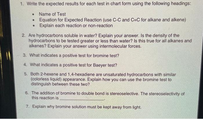 Solved 1. Write the expected results for each test in chart | Chegg.com