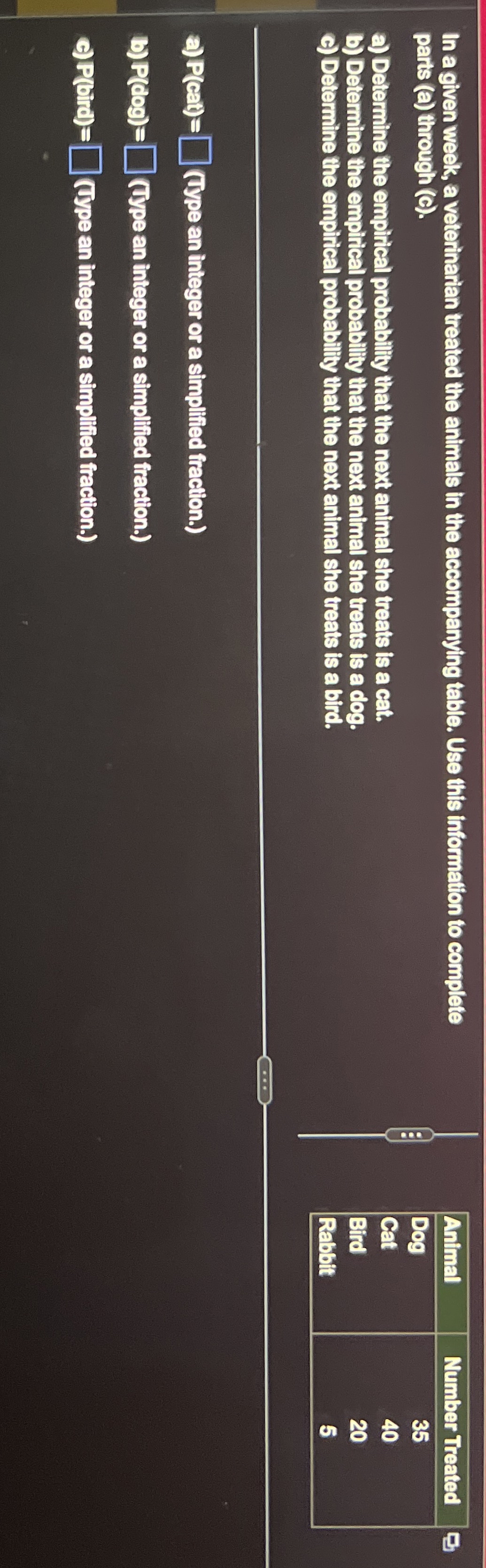 Solved In a given week, a veterinarian treated the animals | Chegg.com