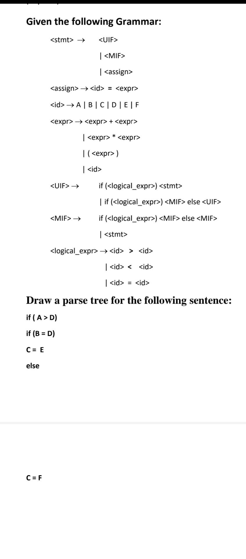 Solved Given the following Grammar: → | | → = → | Chegg.com