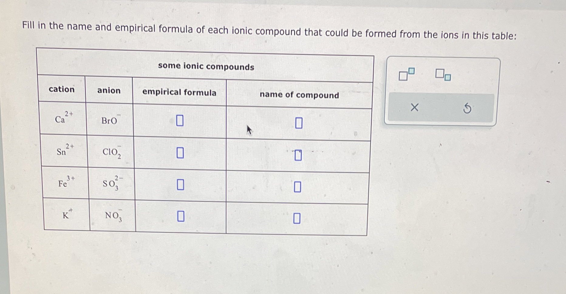 Solved Fill in the name and empirical formula of each ionic | Chegg.com