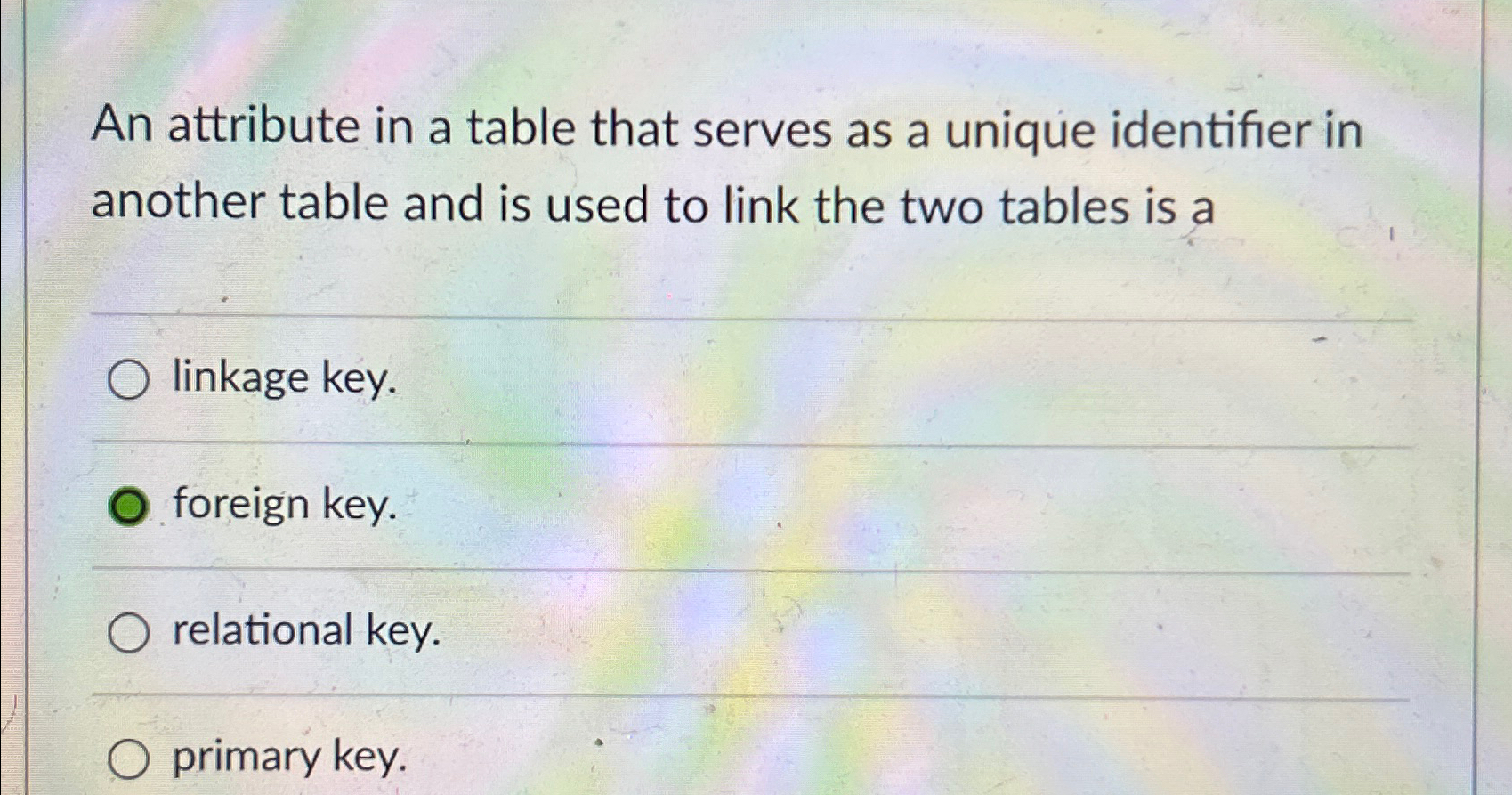 Solved An attribute in a table that serves as a unique | Chegg.com