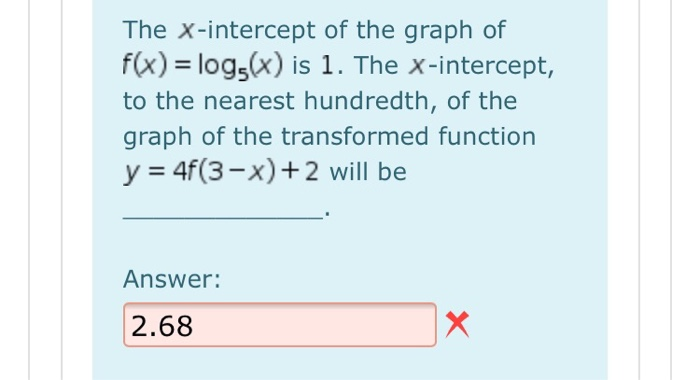 Solved The x-intercept of the graph of f(x) = log(x) is 1. | Chegg.com