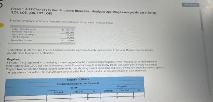 Solved Problem 4-27 Changes in Cost Structure; Break-Even | Chegg.com Solved Problem 4-27 Changes in Cost Structure; Break-Even | Chegg.com