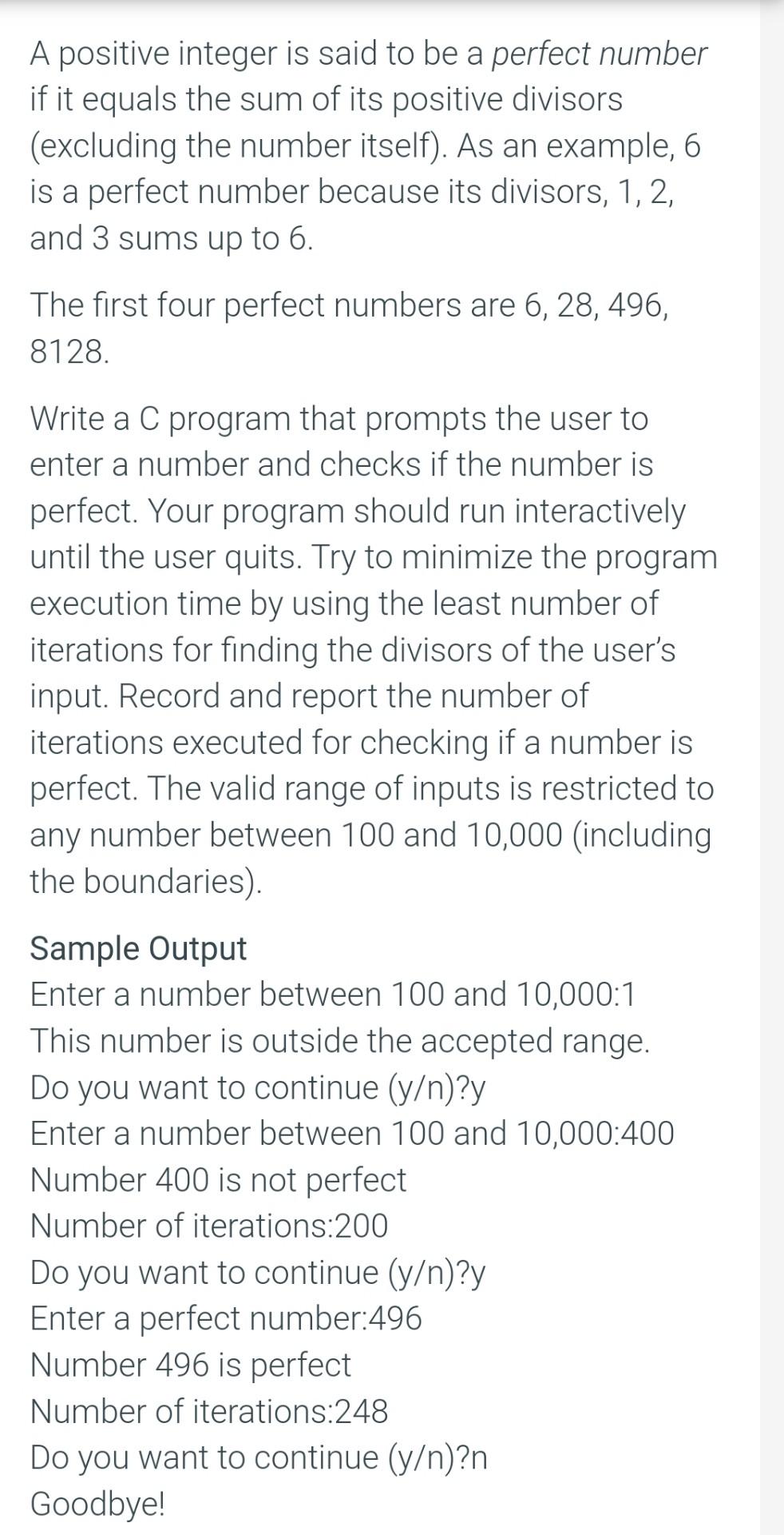 Solved A positive integer is said to be a perfect number if | Chegg.com