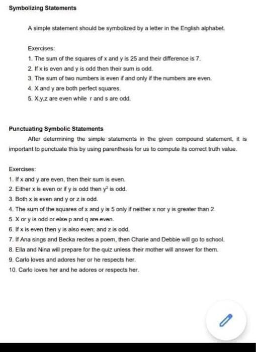 Solved Symbolizing Statements A simple statement should be | Chegg.com