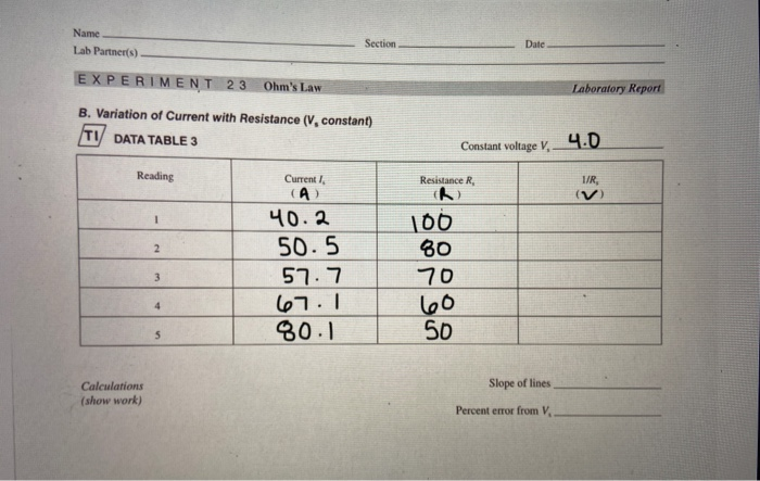 Solved Section Date Name Lab Partner(s) EXPERIMENT 23 Ohm's | Chegg.com