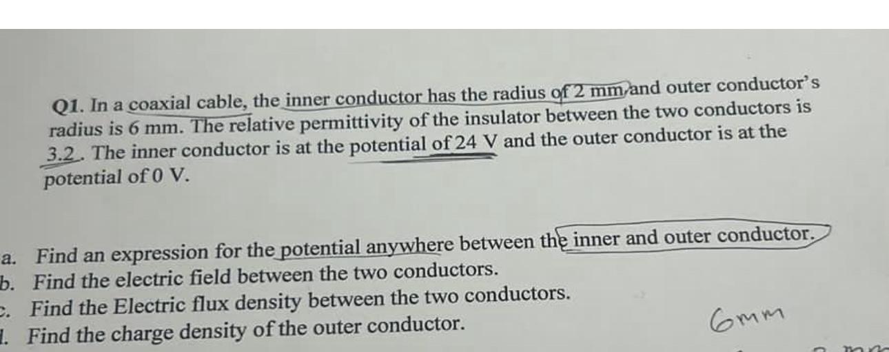 Solved Q1. ﻿In a coaxial cable, the inner conductor has the | Chegg.com