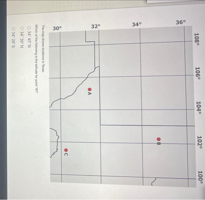 [Solved]: 36 34 30 108 106 The map shows locations in Texa