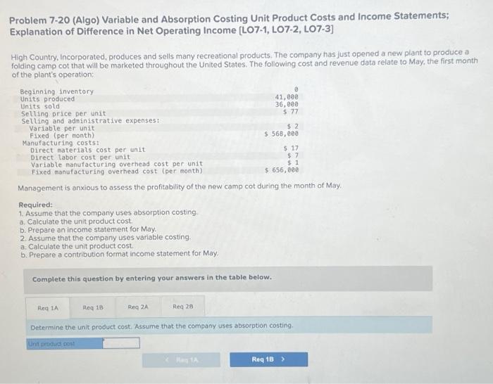 Solved Problem 7-20 (Algo) Variable and Absorption Costing | Chegg.com