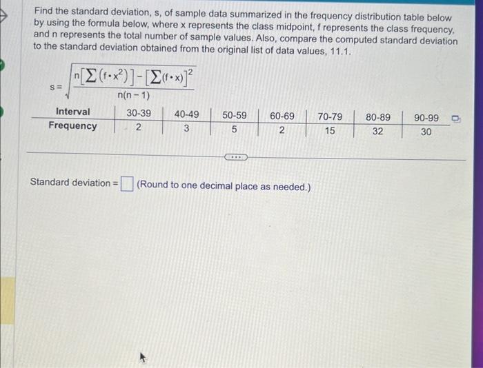 Solved Find the standard deviation, s, of sample data | Chegg.com