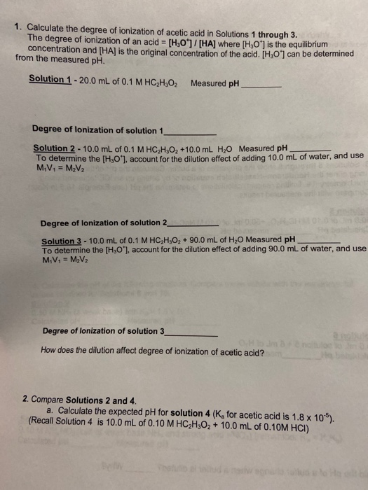 Solved 1. Calculate the degree of ionization of acetic acid | Chegg.com
