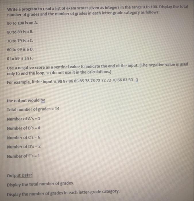 Solved Write a program to read a list of exam scores given | Chegg.com