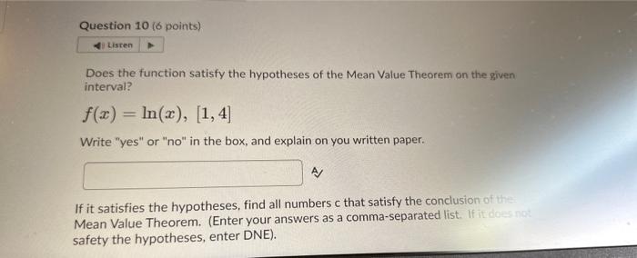Solved Does the function satisfy the hypotheses of the Mean | Chegg.com
