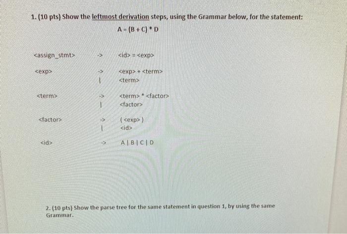 Solved 1. (10 pts) Show the leftmost derivation steps, using | Chegg.com