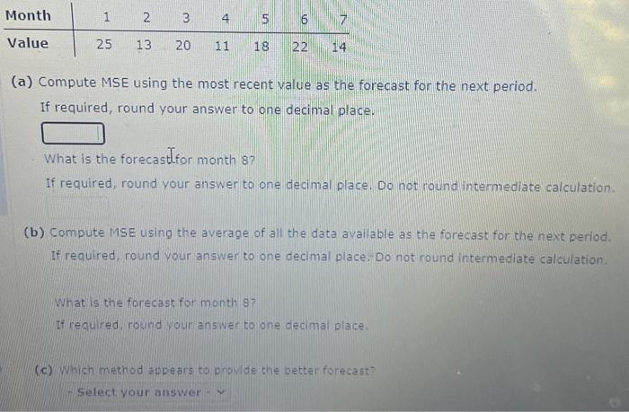 Solved (a) Compute MSE using the most recent value as the | Chegg.com