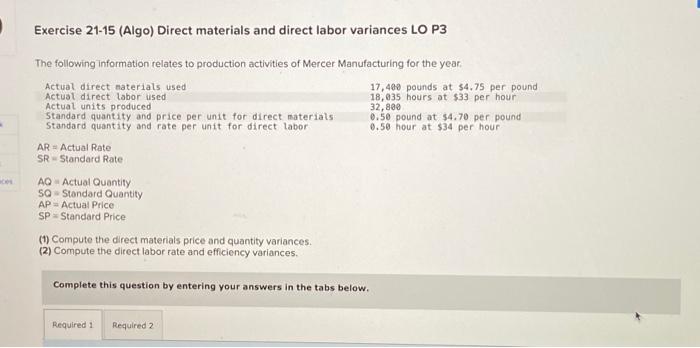 Solved Exercise 21-15 (Algo) Direct materials and direct | Chegg.com