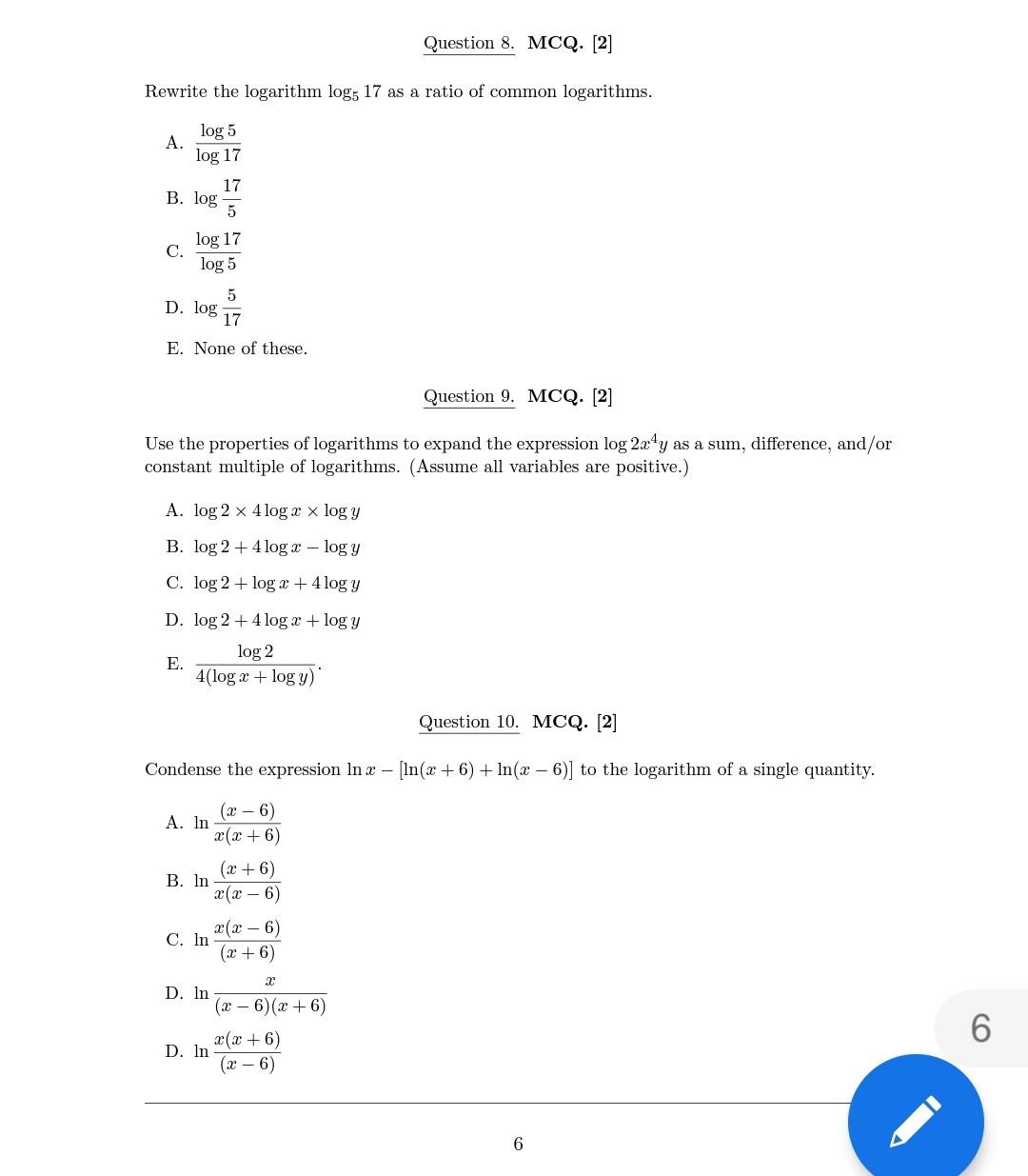 Solved Question 8. MCQ. [2] Rewrite the logarithm log5 17 as | Chegg.com