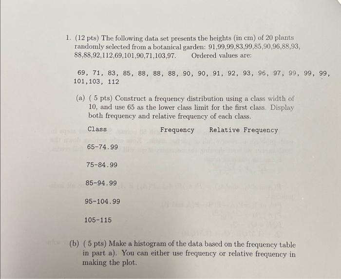 Solved 1. (12 pts) The following data set presents the | Chegg.com