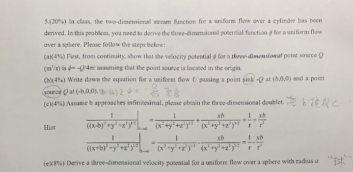 5.(20%) in class, the two-dimensional stream function | Chegg.com