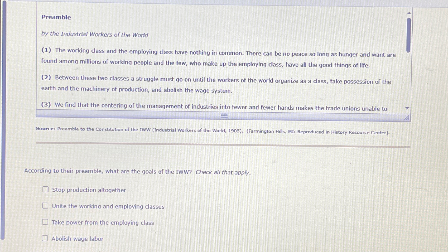 Solved Preambleby the Industrial Workers of the World(1) | Chegg.com