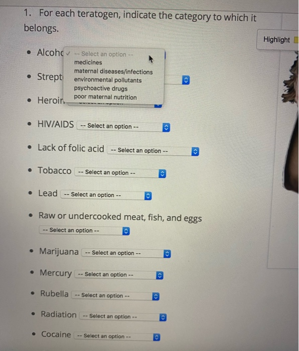 Solved 1. For each teratogen, indicate the category to which | Chegg.com