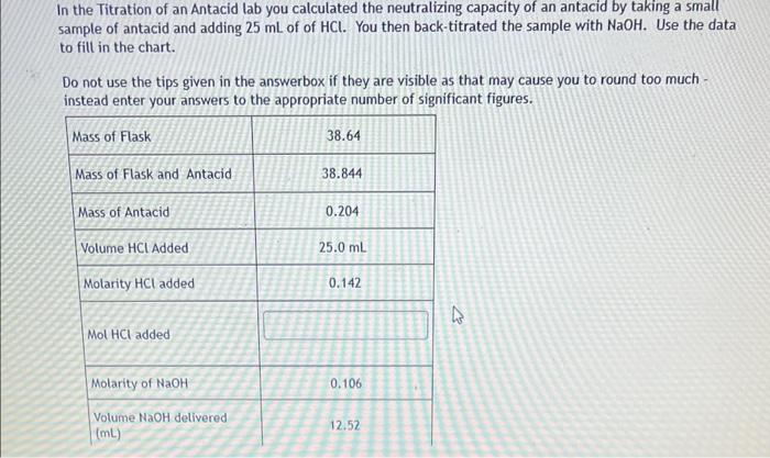 Solved In the Titration of an Antacid lab you calculated the | Chegg.com