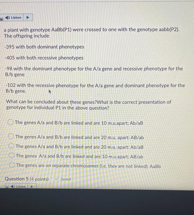 Solved Listen a plant with genotype AaBb(P1) were crossed to | Chegg.com