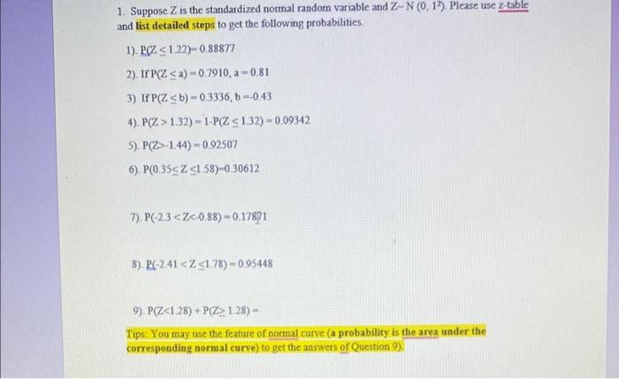 Solved 1. Suppose Z is the standardized normal random | Chegg.com