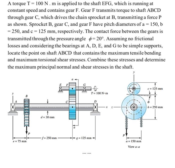 Solved A torque T=100 N.m is applied to the shaft EFG, which | Chegg.com