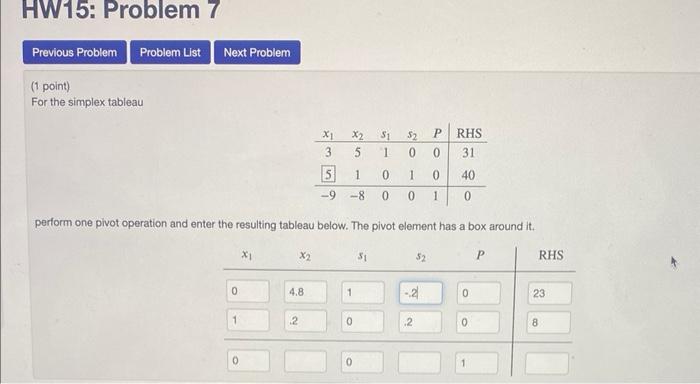 Solved (1 point) For the simplex tableau perform one pivot | Chegg.com