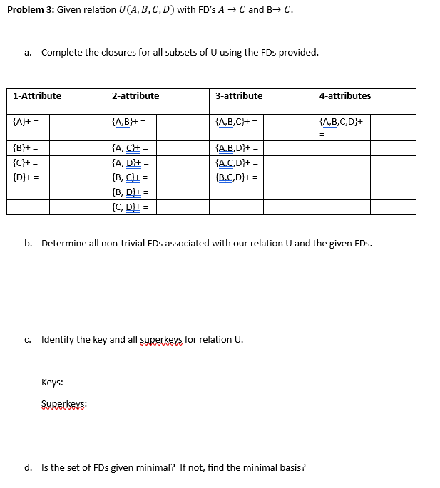 Solved Problem 3: Given relation U(A,B,C,D) ﻿with FD'sA→C | Chegg.com